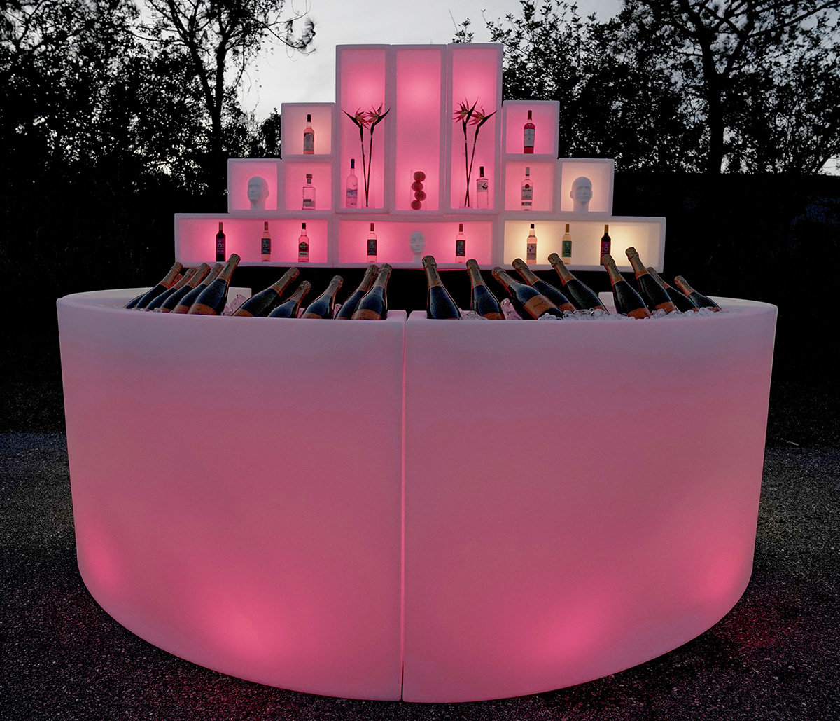 LED Glow Bar With Bar Back Shelves Florida Furniture Rental